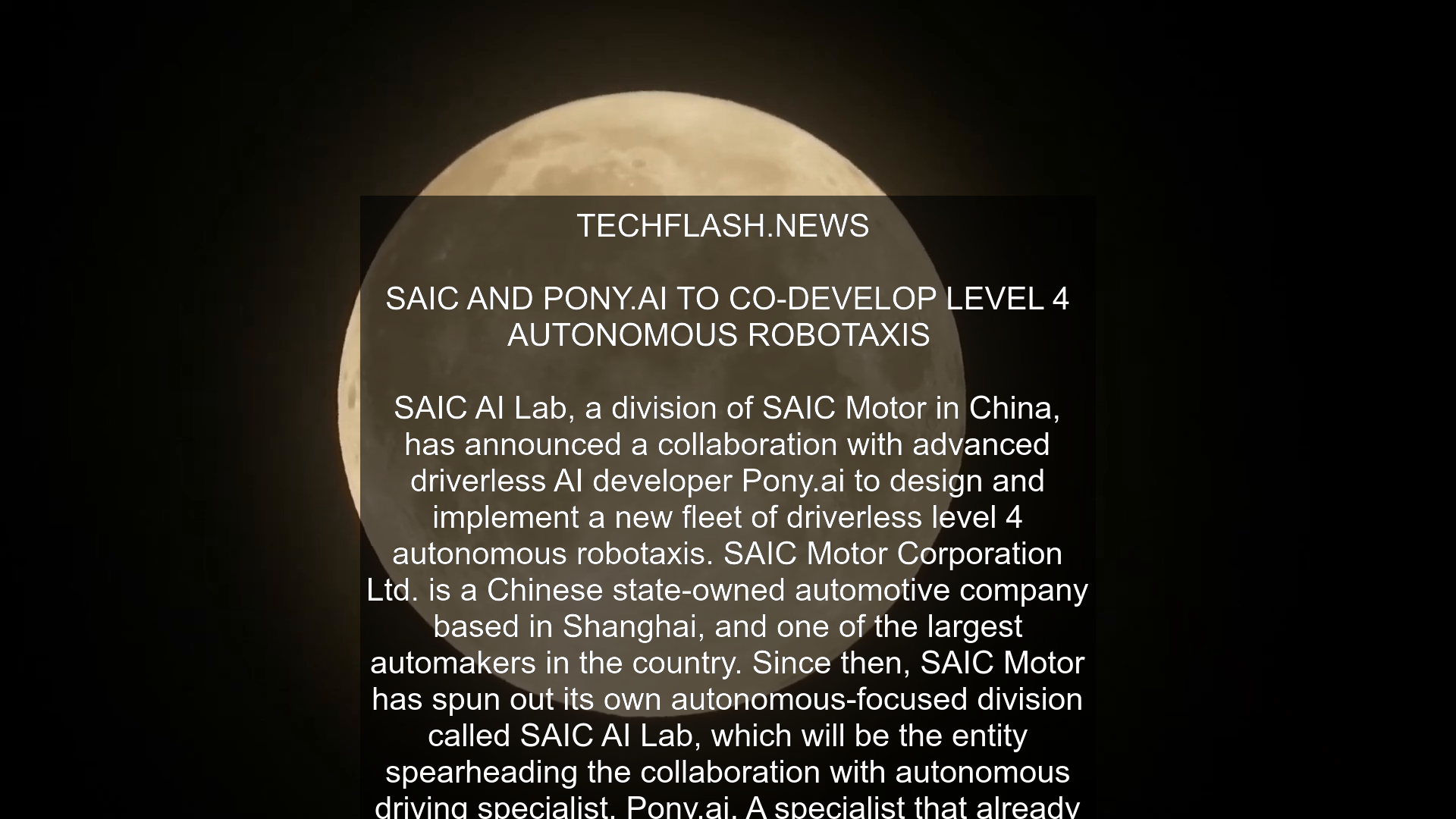 SAIC and Pony.ai to co-develop level 4 autonomous robotaxis – Tech Flash News